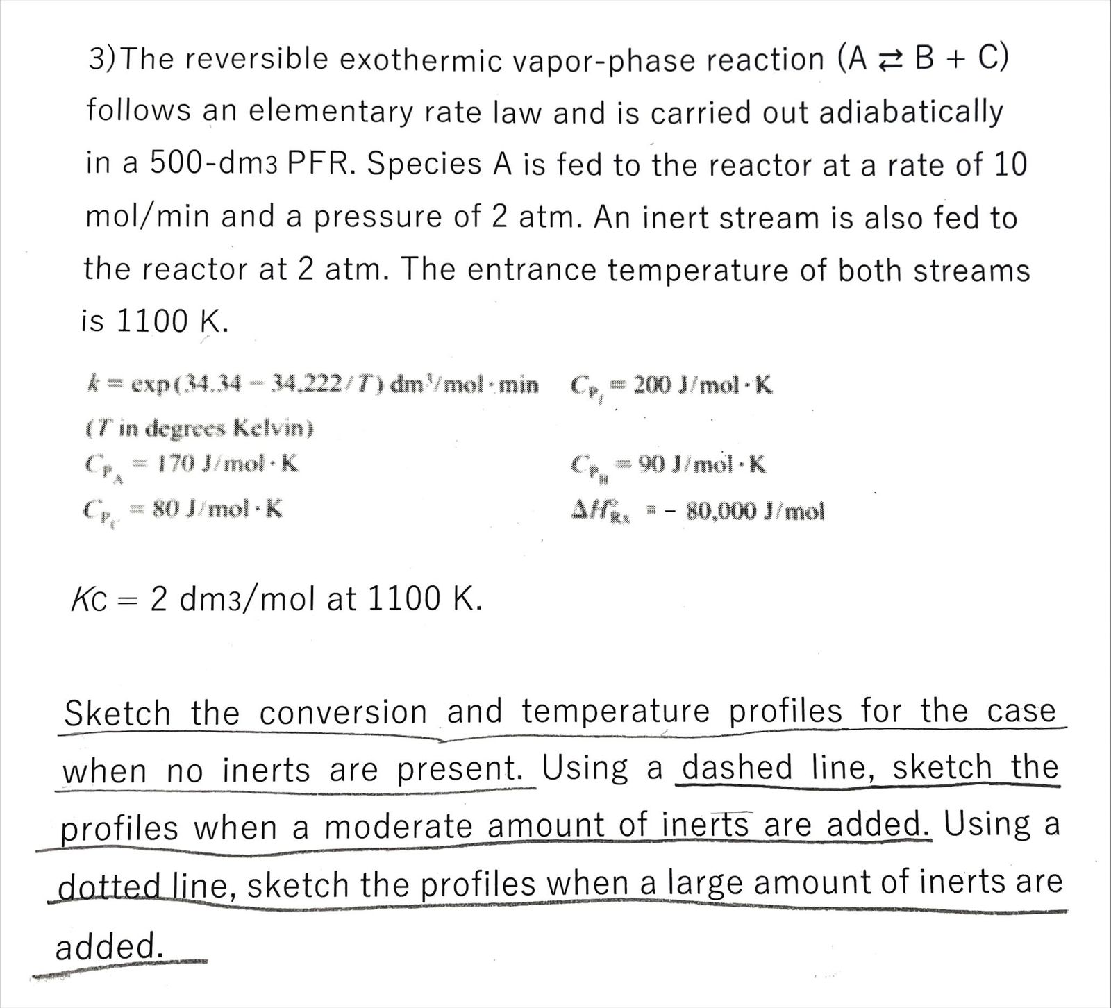 Solved 3)The reversible exothermic vapor-phase reaction | Chegg.com
