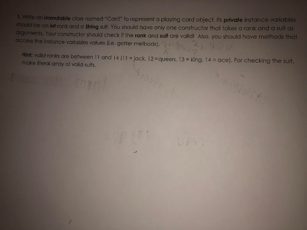 Solved 1. Write an immutable class named "Card" to represent | Chegg.com