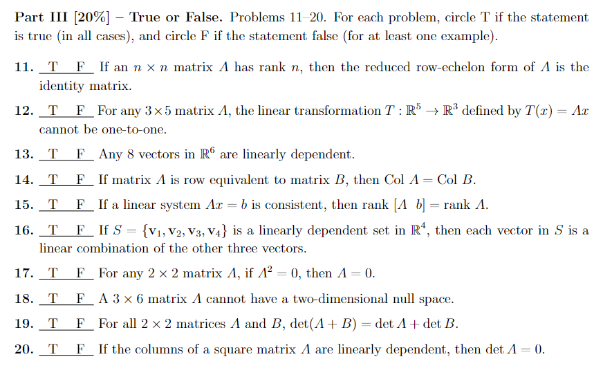 Solved Part III [20%] - True or False. Problems 11−20. For | Chegg.com