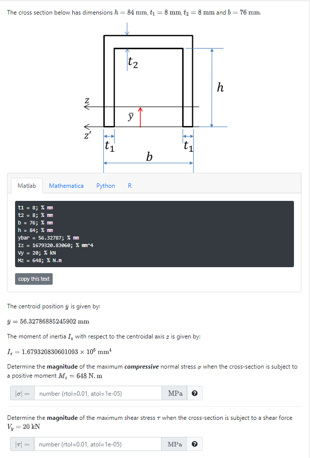 Solved The cross section below has dimensions h=84 mm, t1 = | Chegg.com