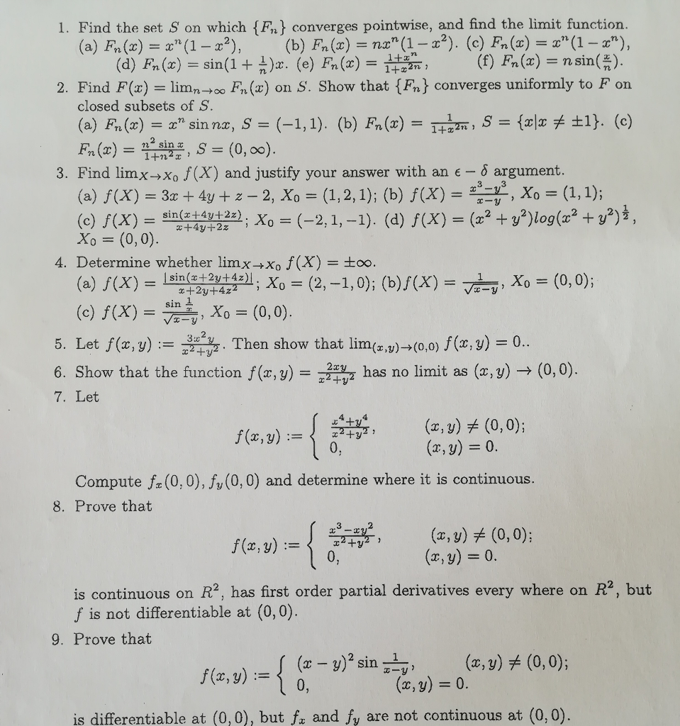 Solved 1 Find The Set S On Which Fn Converges Pointwise 