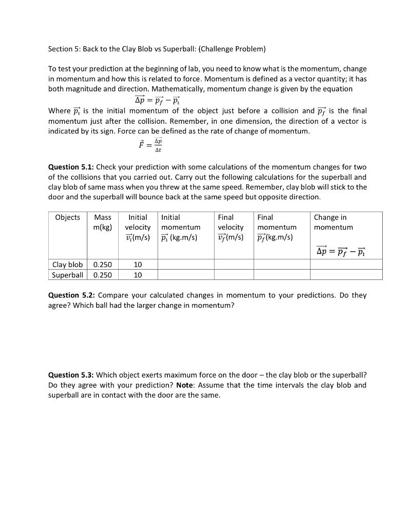 Solved Section 5: Back to the Clay Blob vs Superball: | Chegg.com