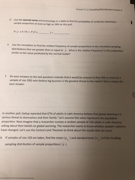 Solved Lesson 7.1.2: Sampling Distributions Lesson 2 TUDENT | Chegg.com