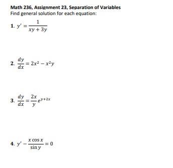 Solved Math 236, Assignment 23, Separation of Variables Find | Chegg.com