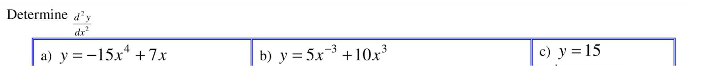 Solved Determine dx2d2y a) y=−15x4+7x b) y=5x−3+10x3 c) | Chegg.com