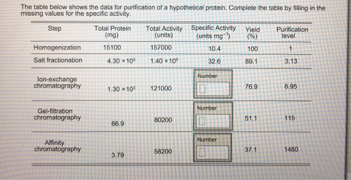 Solved The data for purification of a hypothetical protein. | Chegg.com
