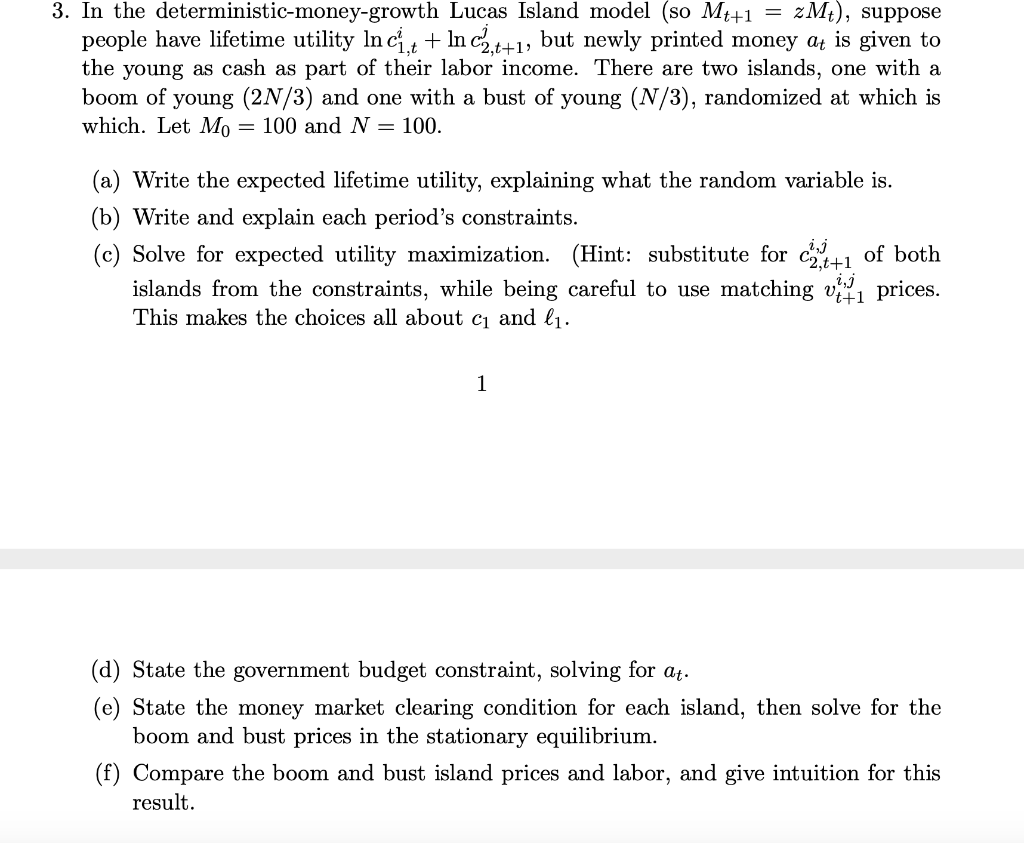 3. In the deterministic-money-growth Lucas Island | Chegg.com