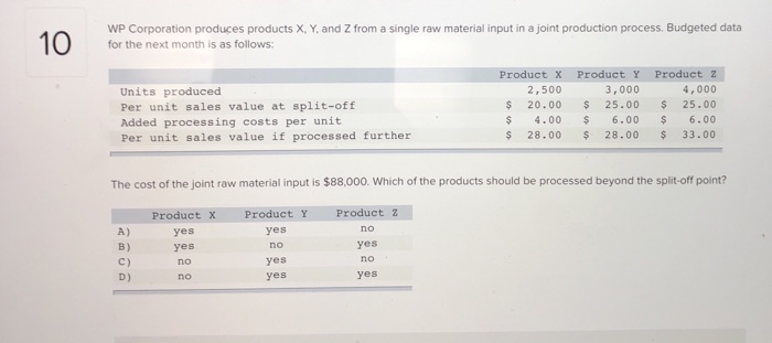 Solved WP Corporation produces products X, Y, and Z from a | Chegg.com