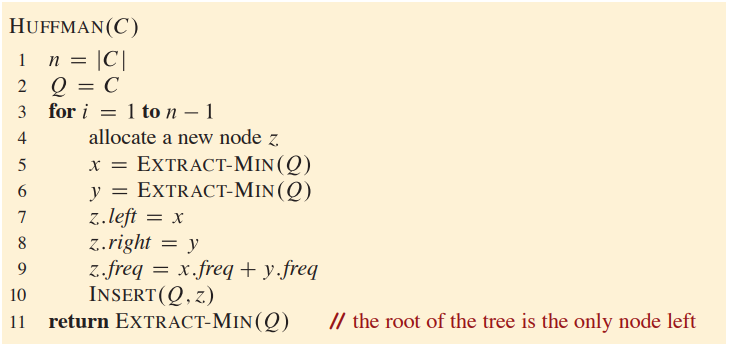 Solved Huffman (C) 1234567891011n=∣C∣Q=C for i=1 to n−1 | Chegg.com