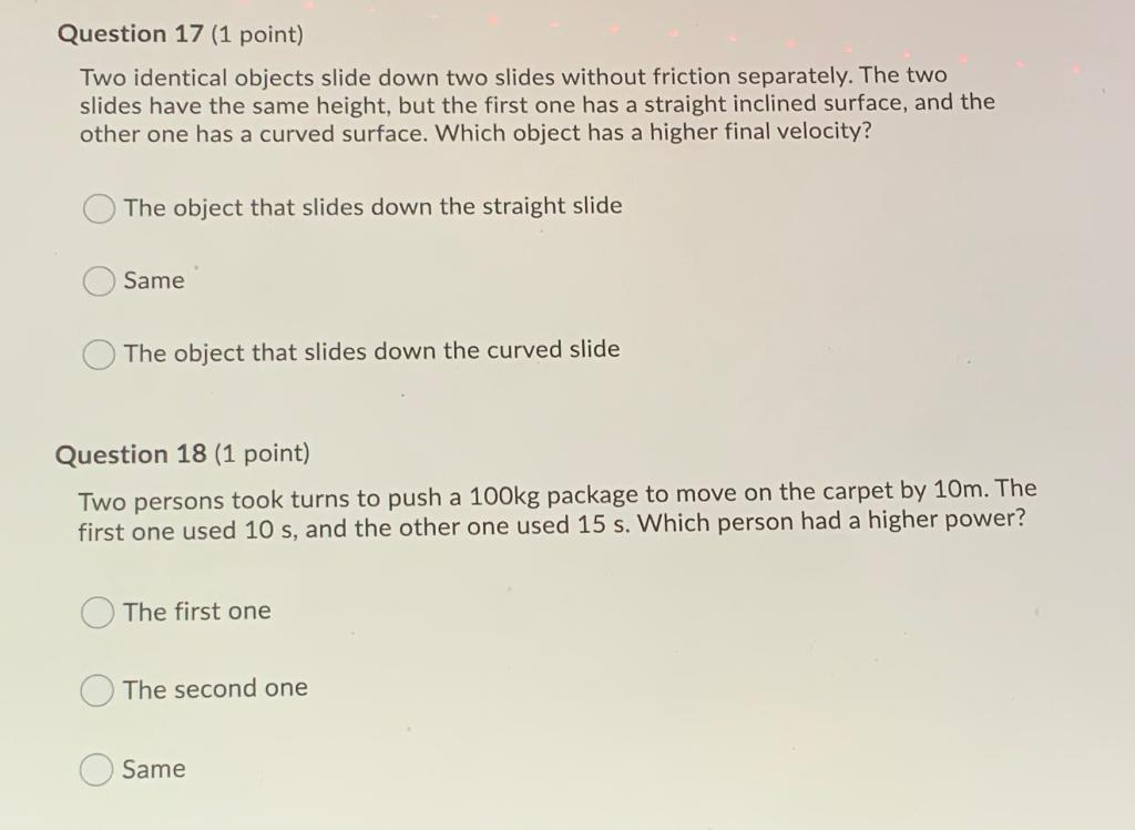 Solved Question 17 (1 point) Two identical objects slide | Chegg.com