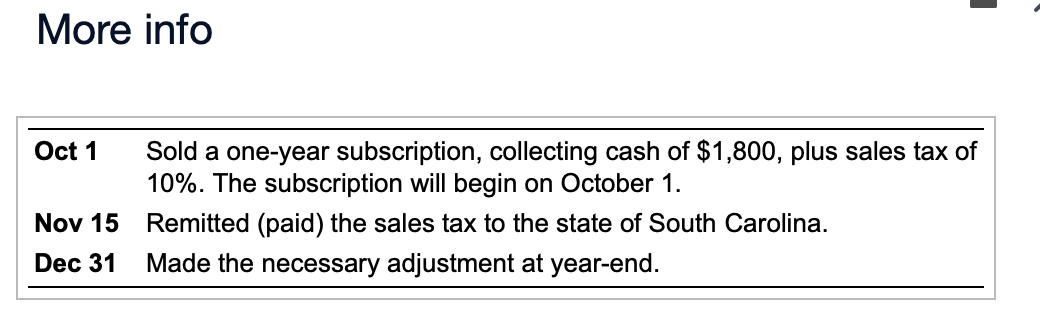 Solved More info Oct 1 Sold a one-year subscription, | Chegg.com