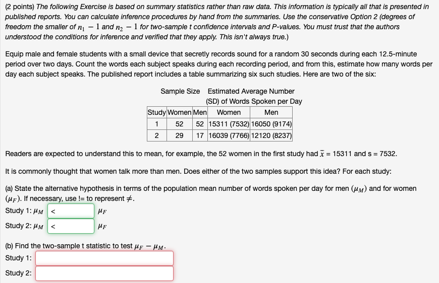 Solved (2 points) The following Exercise is based on summary | Chegg.com