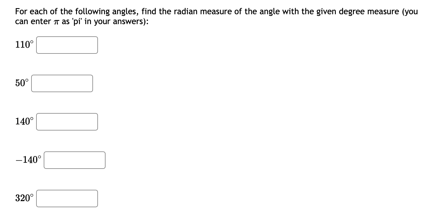Solved For each of the following angles, find the radian | Chegg.com
