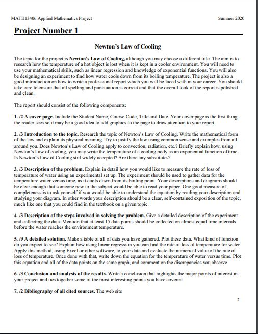 Solved Summer 2020 MATH13406 Applied Mathematics Project | Chegg.com