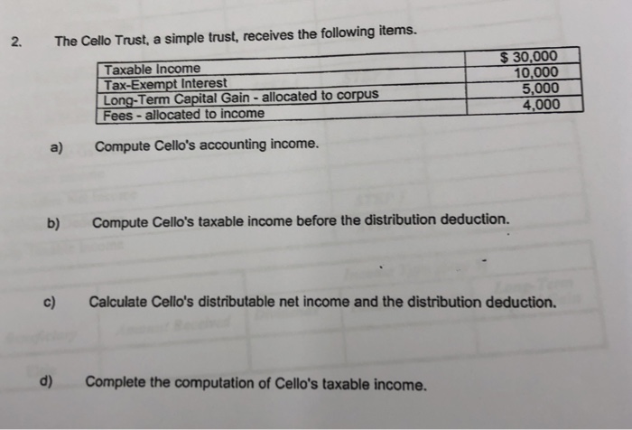 Solved 2. The Cello Trust, a simple trust, receives the | Chegg.com