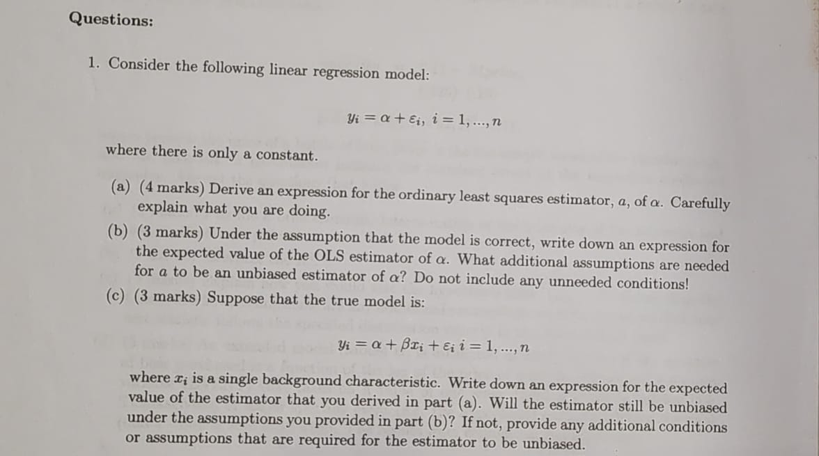 Solved 1. Consider the following linear regression model: | Chegg.com