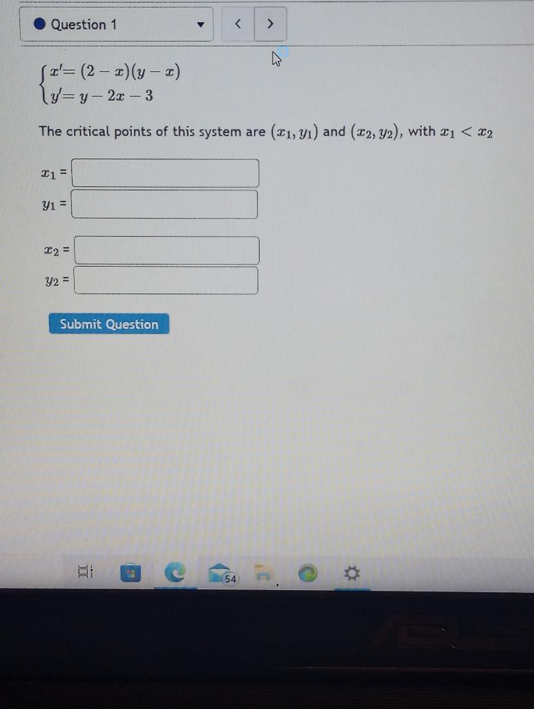 Solved {x′=(2−x)(y−x)y′=y−2x−3 The critical points of this | Chegg.com