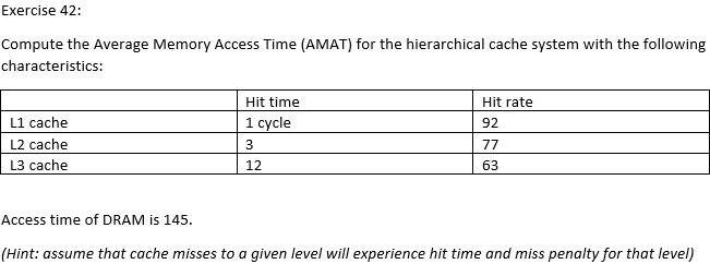 Solved Exercise 42: Compute the average Memory Access Time | Chegg.com