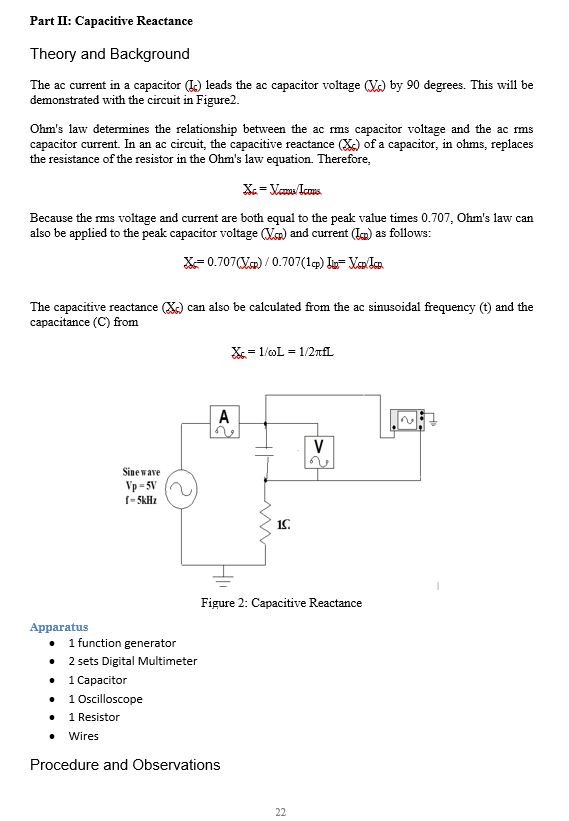 Solved Part II: Capacitive Reactance Theory and Background | Chegg.com