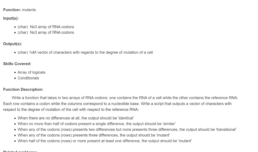 Solved Function: mutants Input(s): . (char) Nx3 array of RNA | Chegg.com