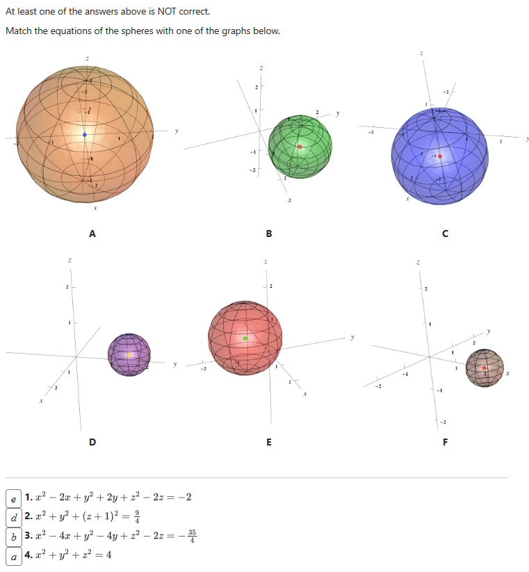 Solved match the equations fo the spheres with one of the | Chegg.com
