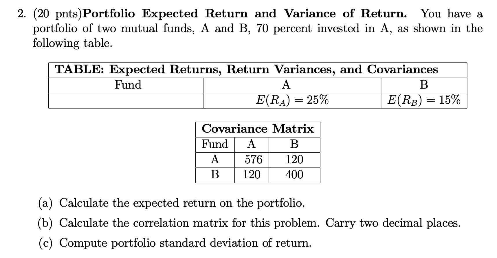 Solved (20 pnts)Portfolio Expected Return and Variance of | Chegg.com