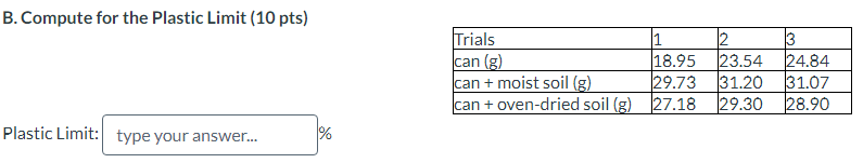 Solved B. Compute for the Plastic Limit (10 pts) | Chegg.com