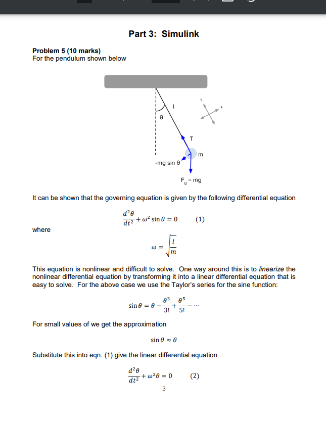 Solved Part 3: Simulink T Problem 5 (10 marks) For the | Chegg.com