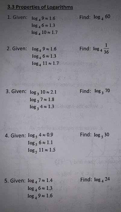 Solved 3.3 Properties of Logarithms 1. Given: log 49 1.6 | Chegg.com