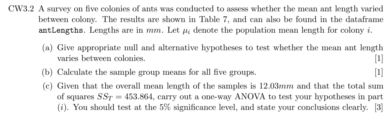 Solved CW3.2 A survey on five colonies of ants was conducted | Chegg.com