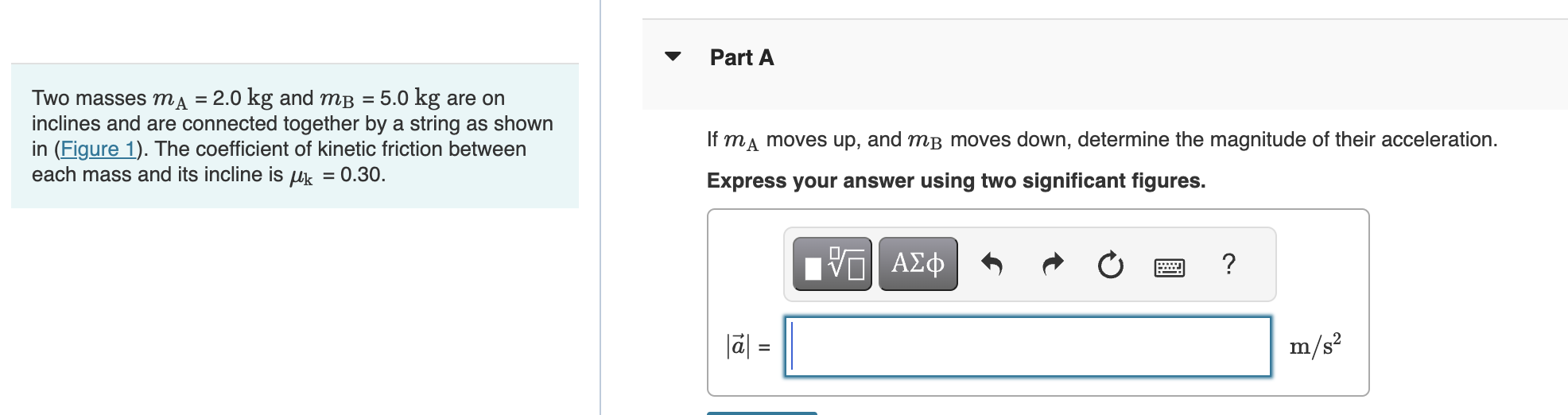 Solved Two masses mA=2.0 kg and mB=5.0 kg are on inclines | Chegg.com