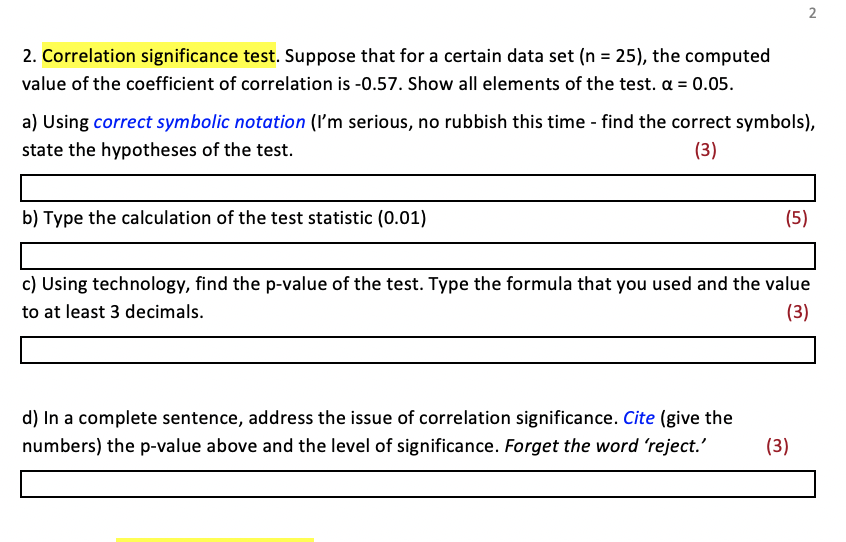 Solved Correlation significance test. Suppose that for a | Chegg.com