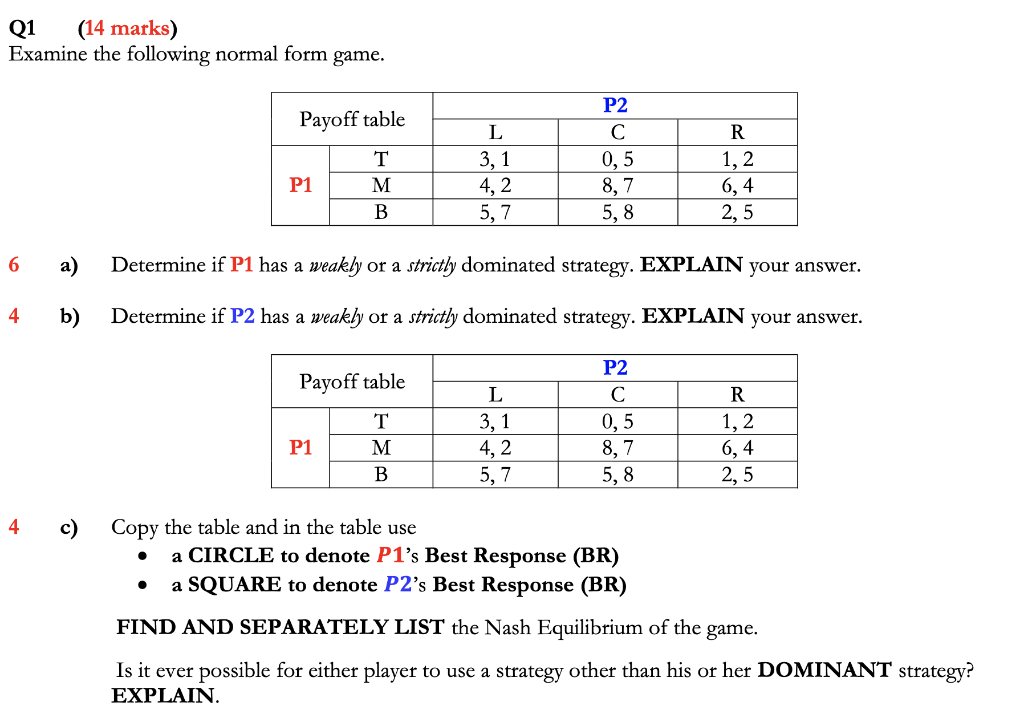 Solved Q1 (14 marks) Examine the following normal form game. | Chegg.com