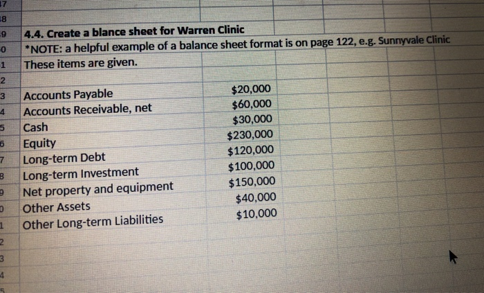 Solved 17 18 9 4.4. Create a blance sheet for Warren Clinic | Chegg.com