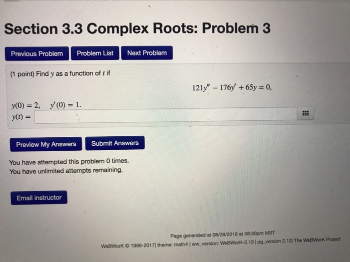 Solved Section 3.3 Complex Roots: Problem 3 (1 point) Find y | Chegg.com