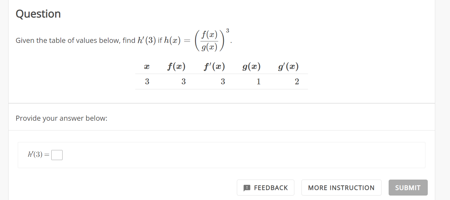 Solved Given the table of values below, find h′(3) if | Chegg.com