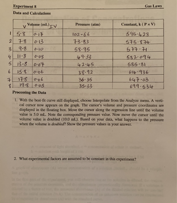 Solved Experiment 8 Gas Laws Data and Calculations Volume | Chegg.com