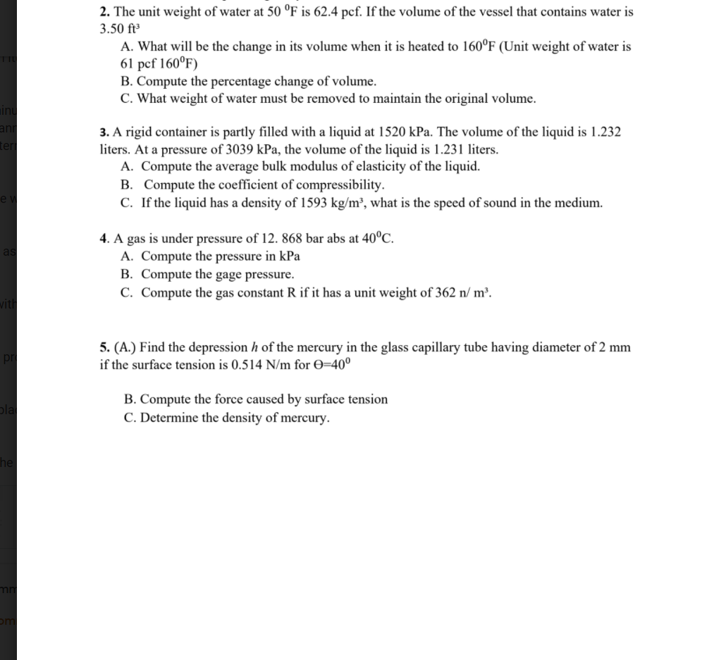 Solved 2. The unit weight of water at 50 °F is 62.4 pcf. If | Chegg.com