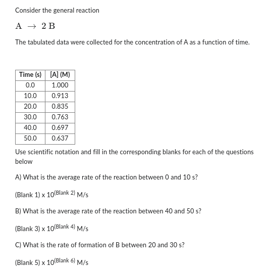 Solved Consider the general reaction A → 2 B The tabulated | Chegg.com