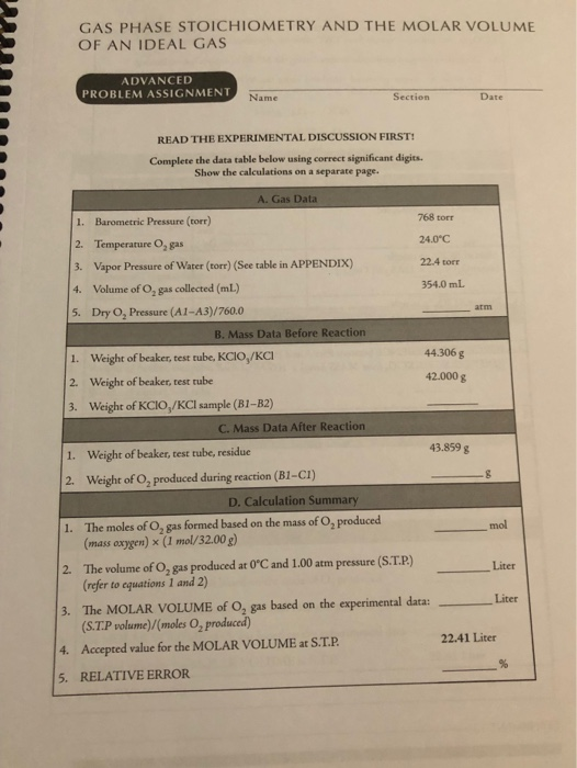 Solved GAS PHASE STOICHIOMETRY AND THE MOLAR VOLUME OF AN | Chegg.com