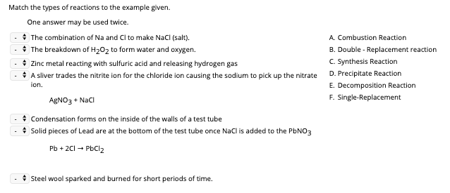 Solved Match the types of reactions to the example given. | Chegg.com