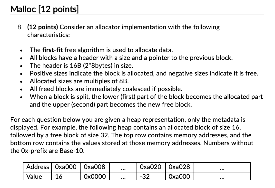 Solved 8. (12 points) Consider an allocator implementation | Chegg.com