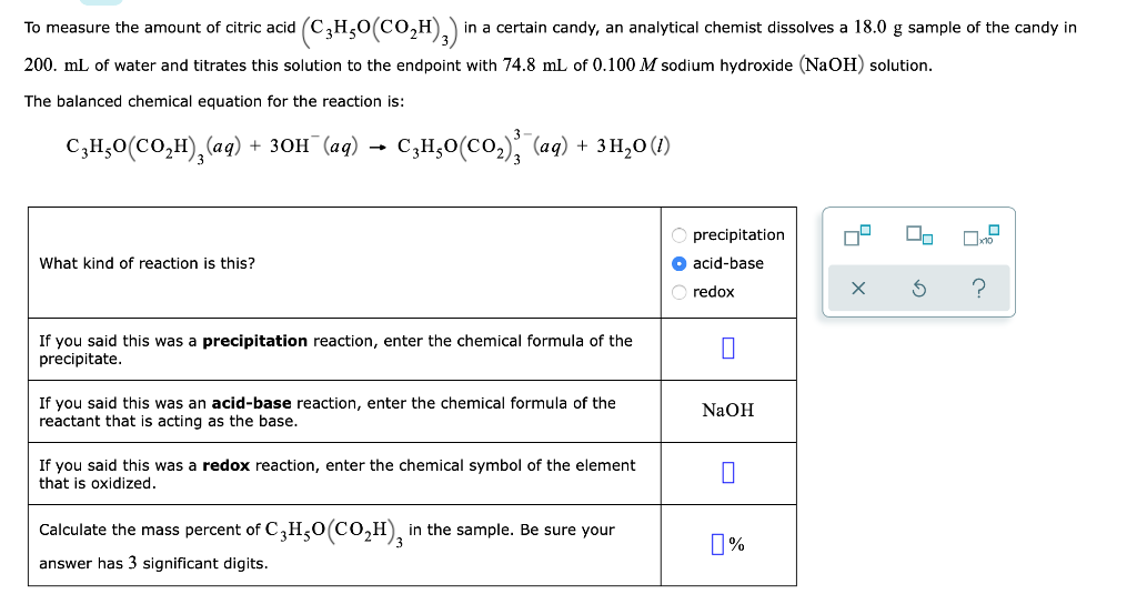 Solved To measure the amount of citric acid (C2H50(C02H)2) | Chegg.com