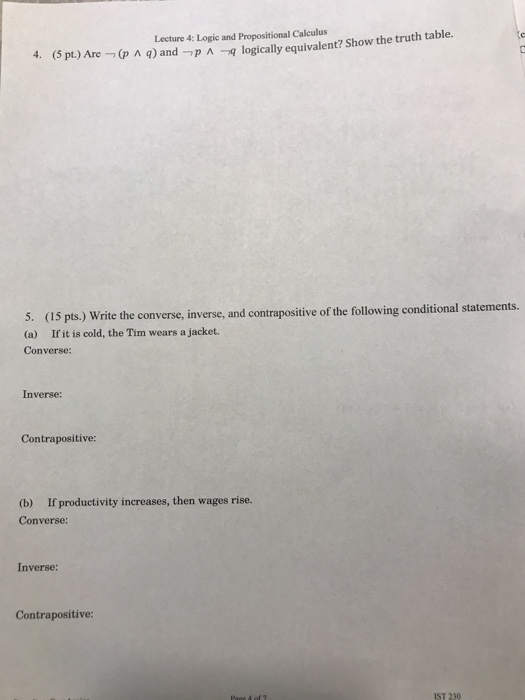 Solved Lecture 4: Logic and Propositional Calculus (5 pt.) | Chegg.com