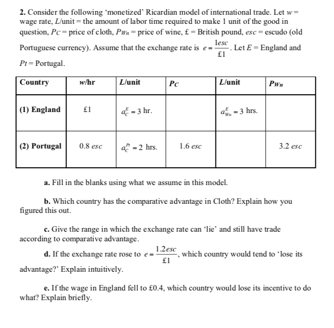 Solved 2. Consider the following ‘monetized' Ricardian model | Chegg.com