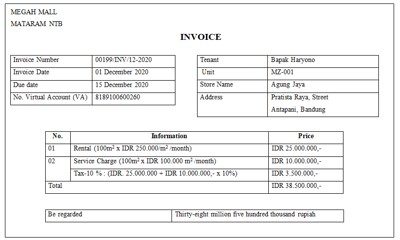 MEGAH MALL MATARAM NTB INVOICE Invoice Number | Chegg.com