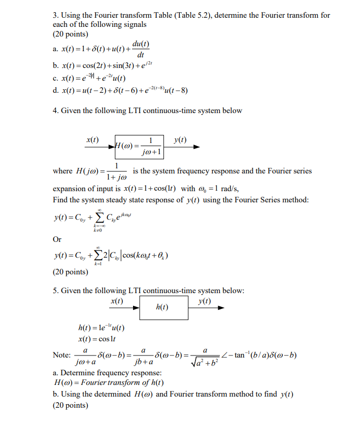 Solved 3. Using the Fourier transform Table (Table 5.2), | Chegg.com