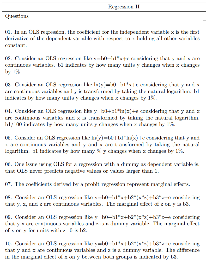 Solved True or False:Regression IIQuestionsIn an OLS | Chegg.com