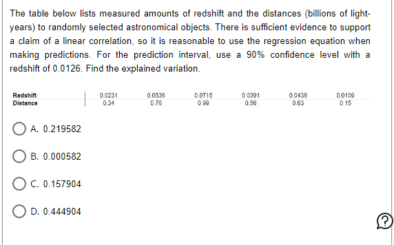 Solved The table below lists measured amounts of redshift | Chegg.com
