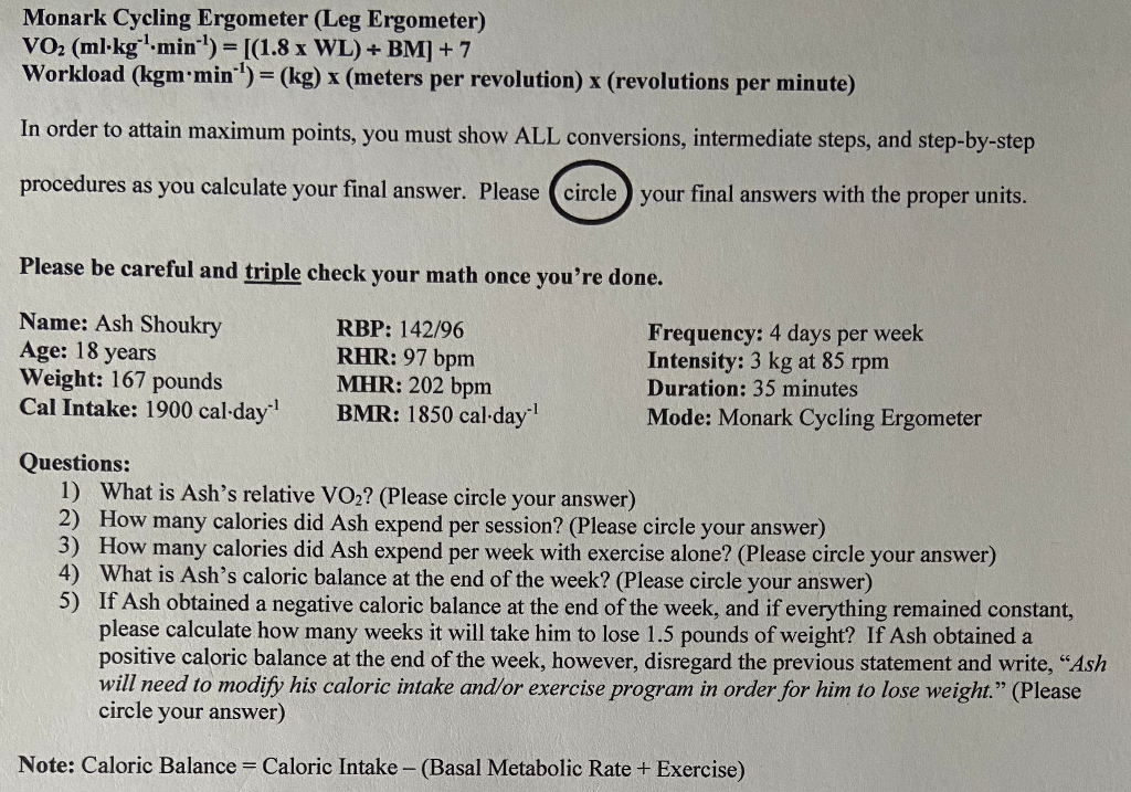 Solved Monark Cycling Ergometer (Leg Ergometer) VO2 | Chegg.com